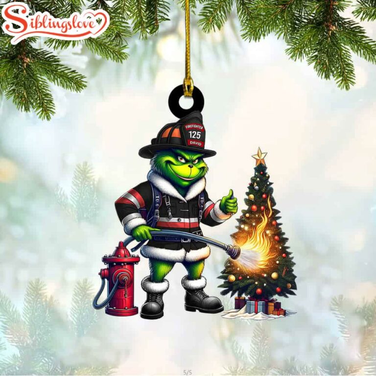 Custom Name Green Monster Firefighter Merry Christmas Ornament Hanging ...
