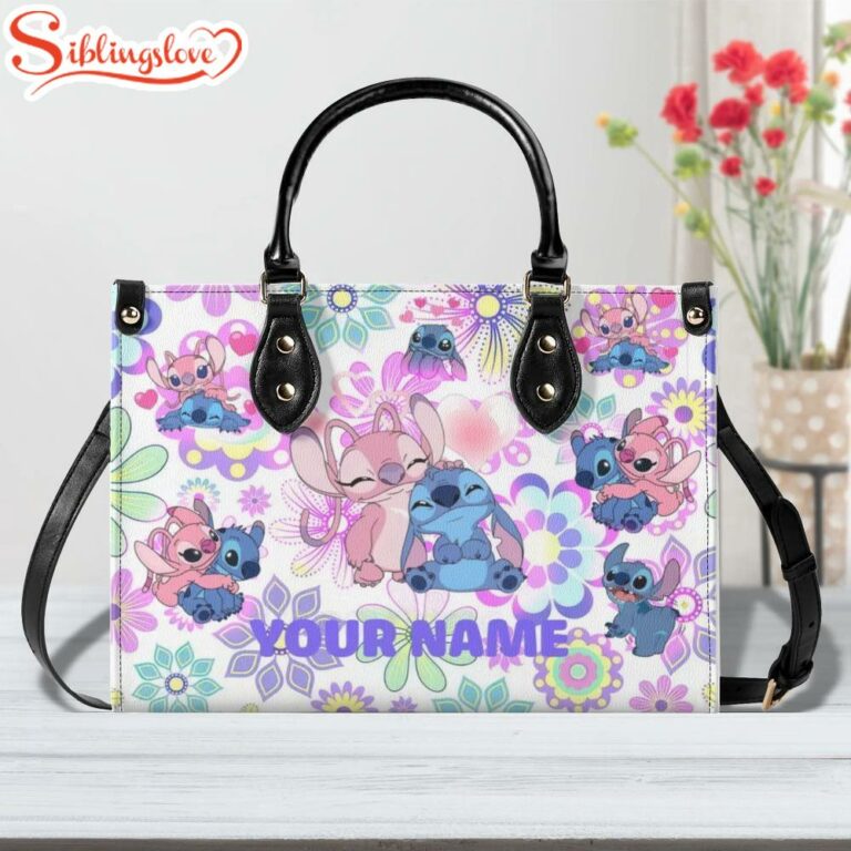 Personalized Name Disney Stitch And Angel Leather Handbag - Siblinglove